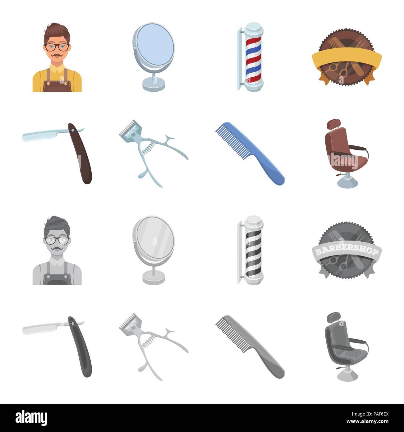 A razor, a mechanical hair clipper, an armchair and other equipment for ...