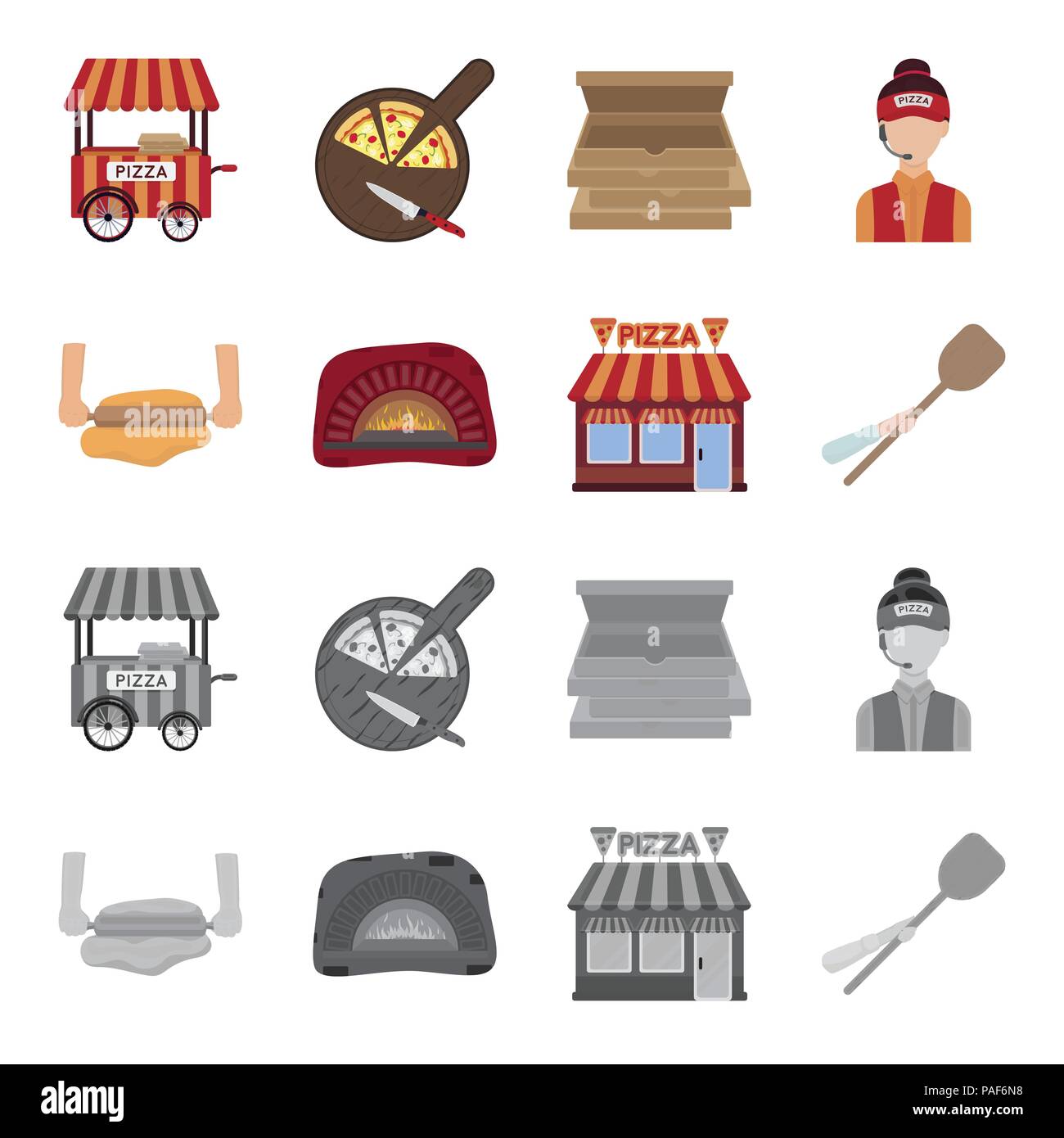 Pizza dough, oven, pizzeria building, spatula for billets. Pizza and ...