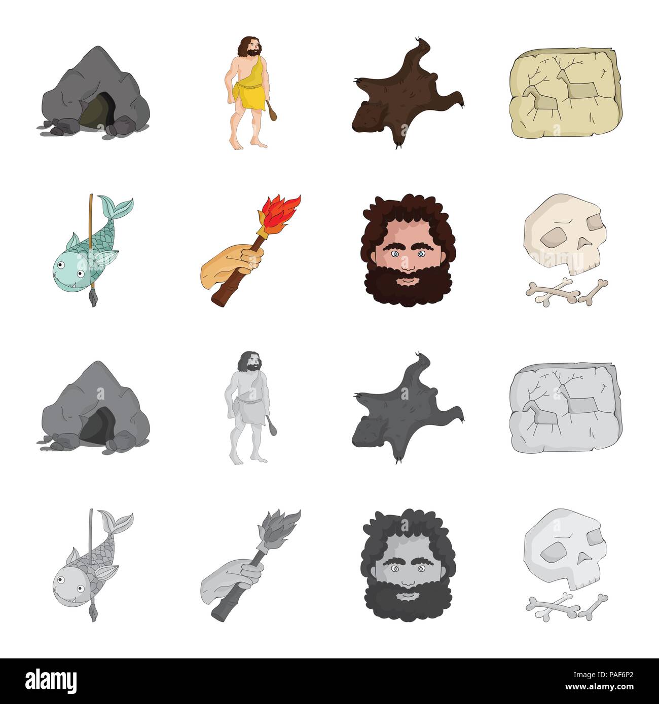 Primitive, fish, spear, torch .Stone age set collection icons in ...