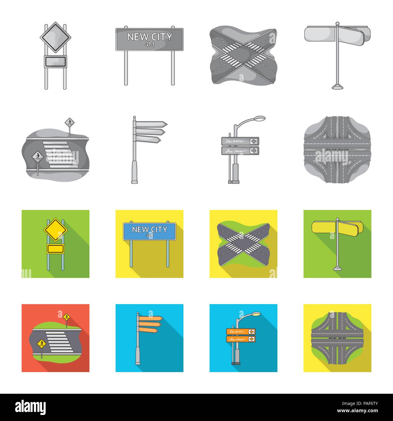 Direction signs and other icon in monochrome,flat style.Road junctions ...