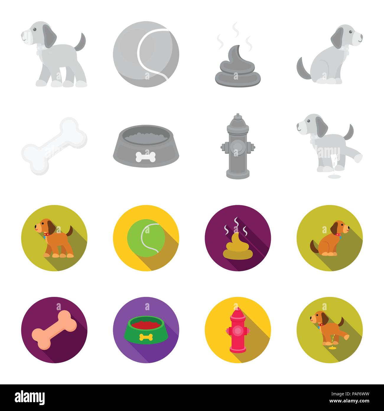 A bone, a fire hydrant, a bowl of food, a pissing dog.Dog set ...