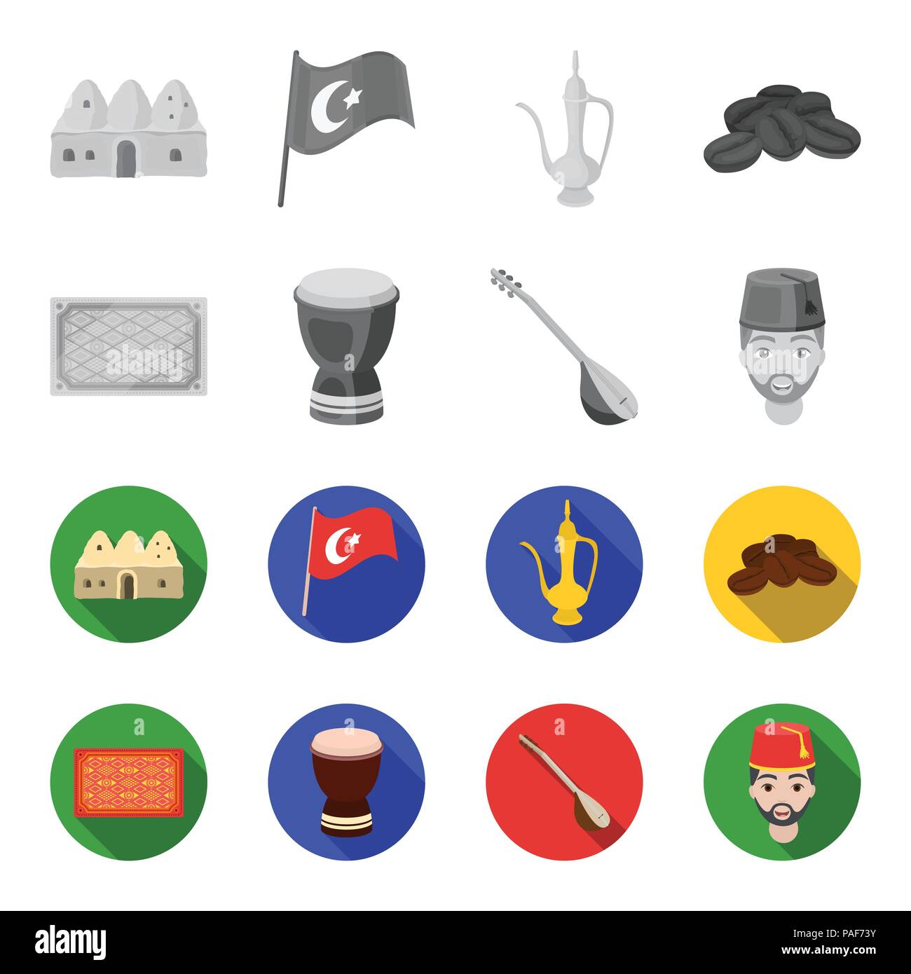 Turkish carpet, saz, drum, turkish men.Turkey set collection icons in ...