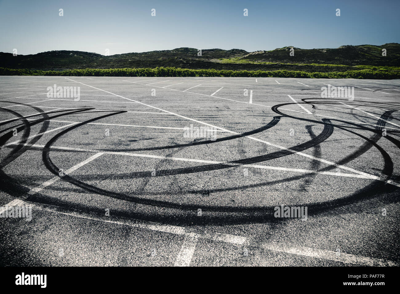 Burnout Marks On A Parking Lot Stock Photo - Alamy