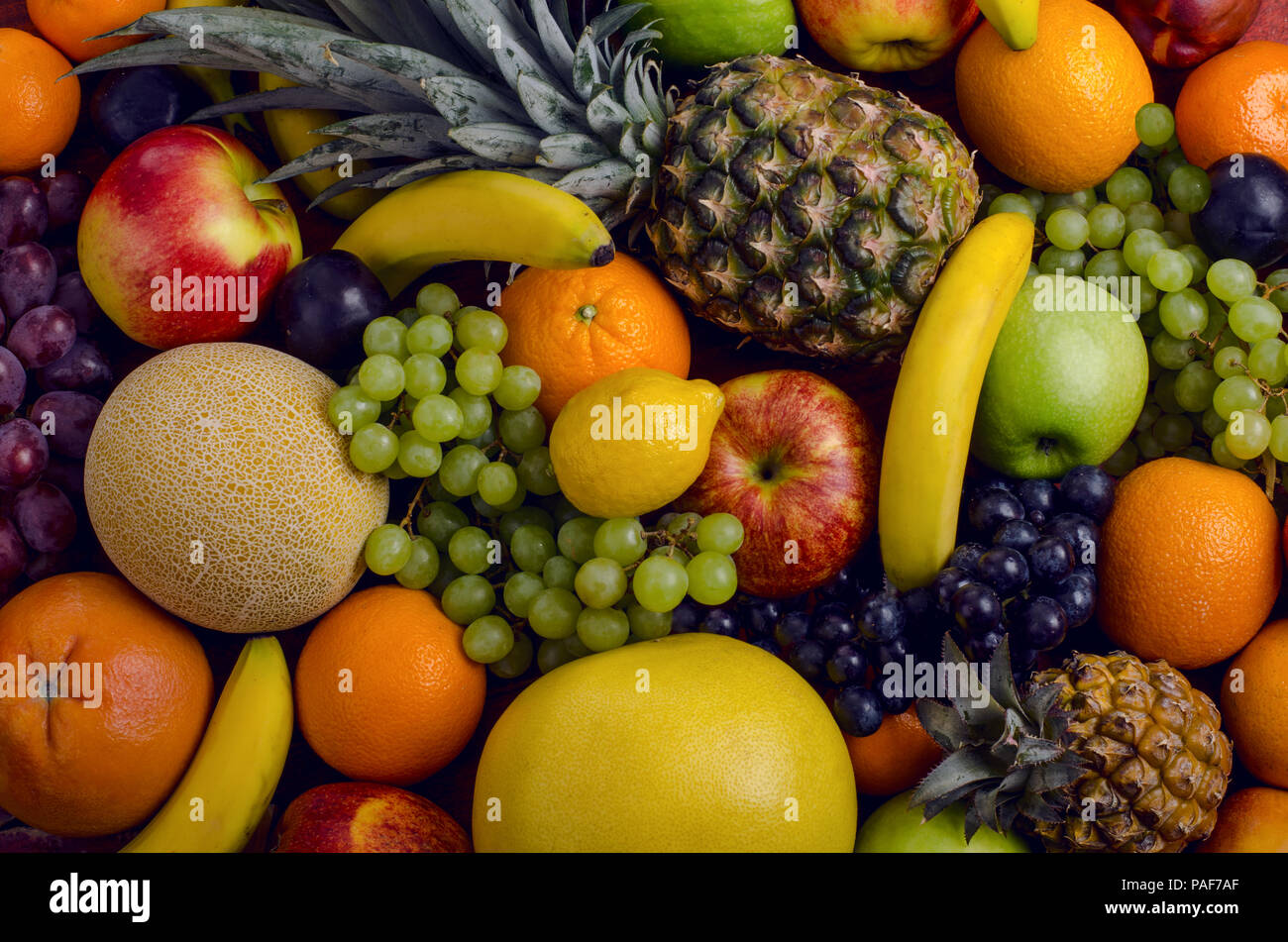 still life of big heap multi-coloured fruits, background Stock Photo ...