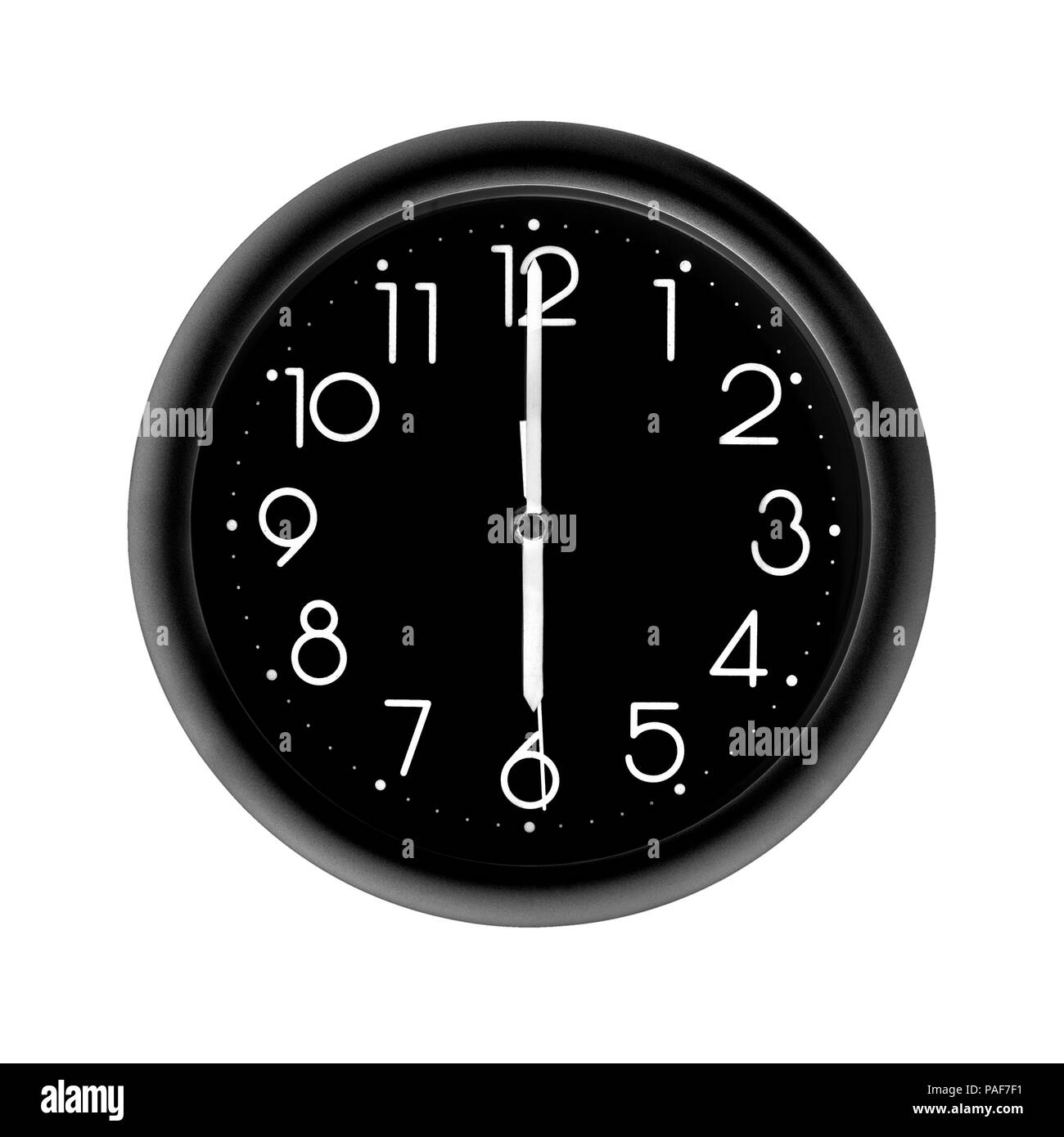 six o'clock, photo round black clock, on white background, isolated ...