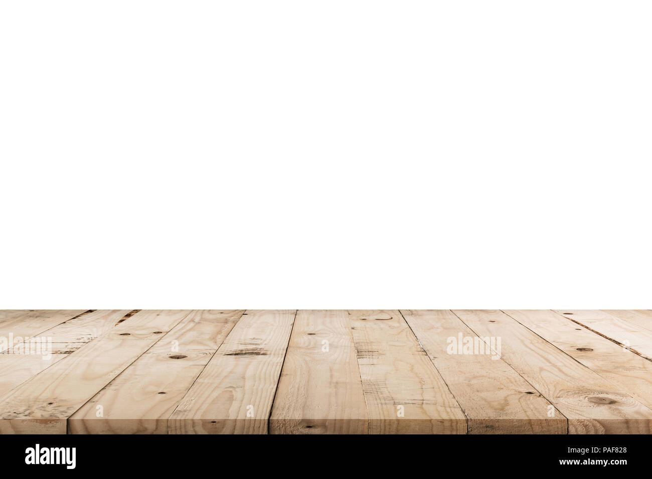 Empty wood table on isoleted white background with display montage for ...