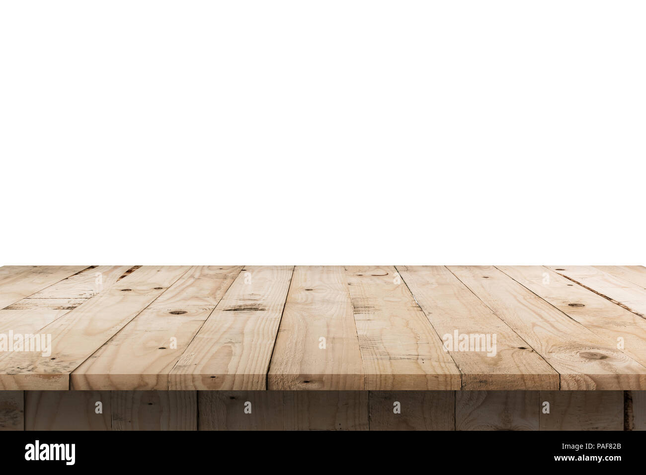 Empty wood table on isoleted white background with display montage for ...