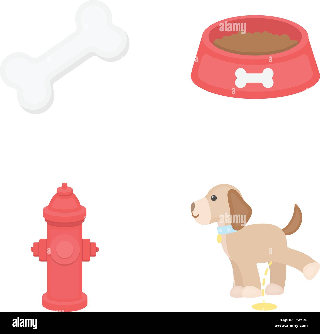 A bone, a fire hydrant, a bowl of food, a pissing dog.Dog set ...