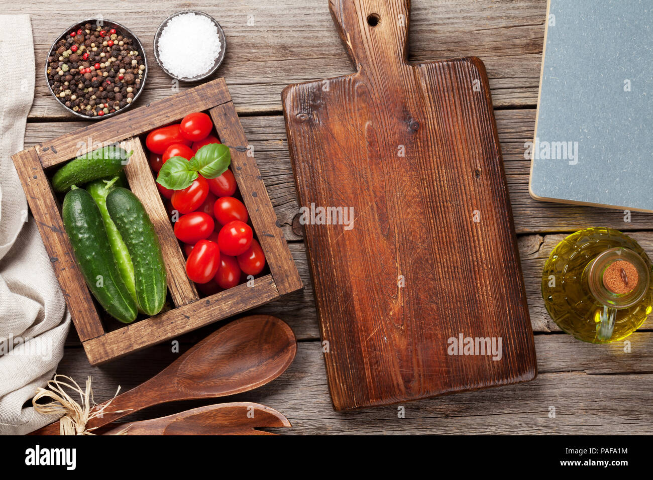 Cooking ingredients. Vegetables and spices. Top view with space for ...