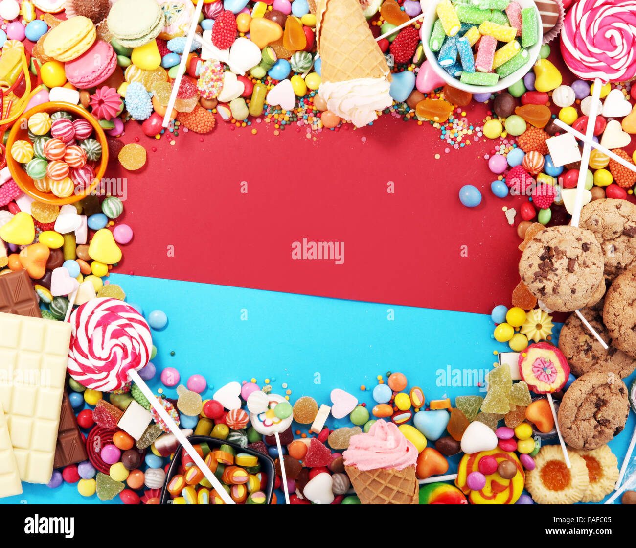 candies with jelly and sugar. colorful array of different childs sweets ...