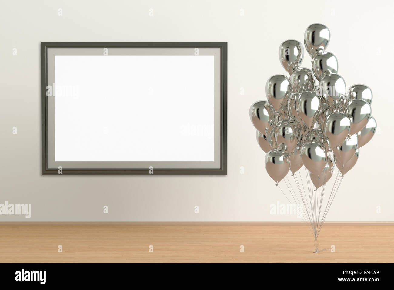 Silver balloons with horizontal poster mockup in interior with clipping ...