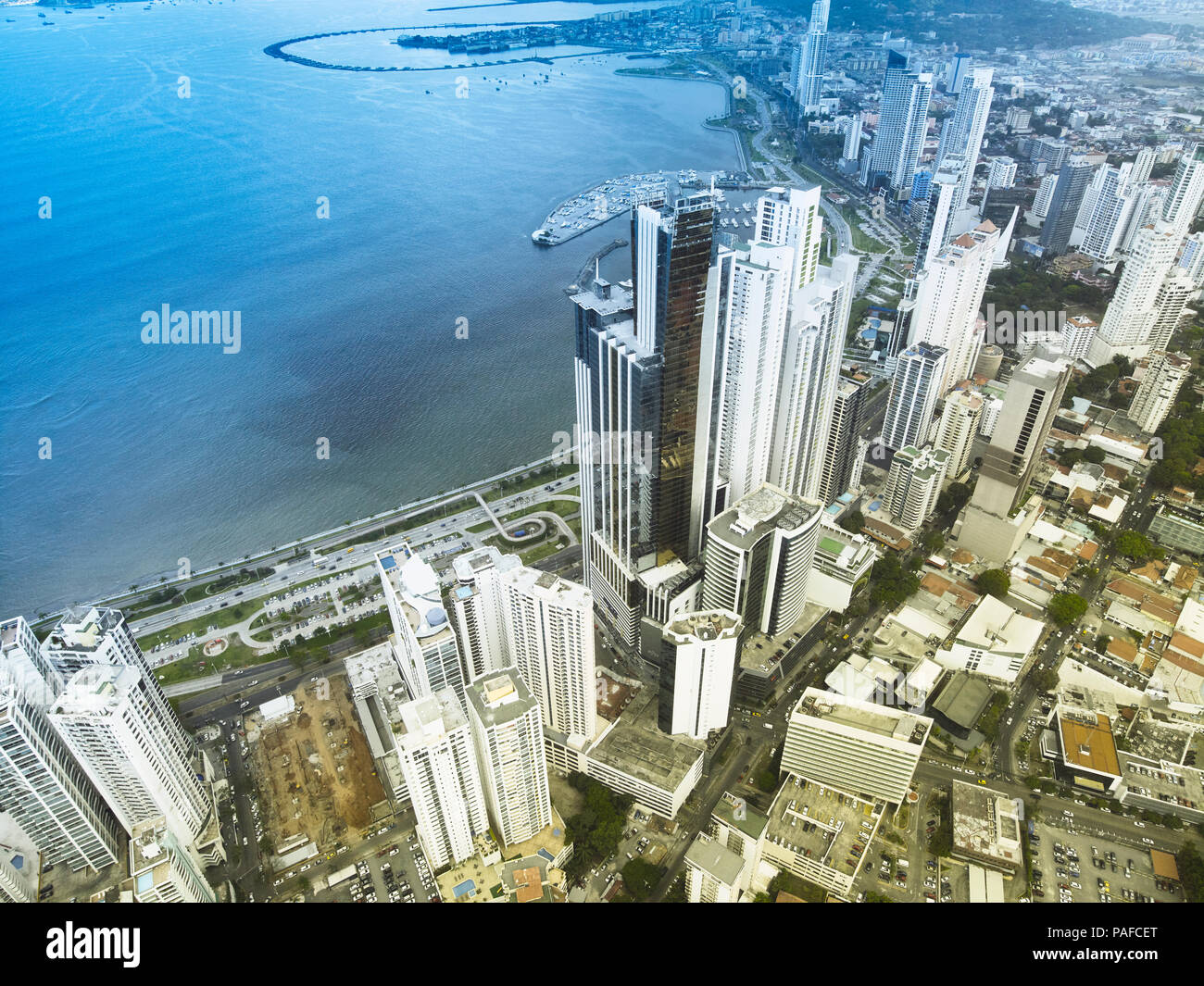 Aerial View Of Skyscrapers Along The Coastline Of Panama City Stock ...