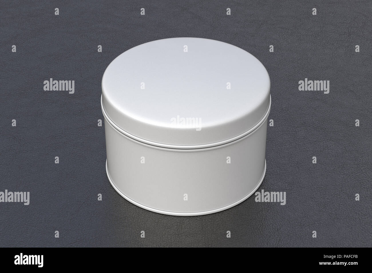 Blank closed white round tin container box on black leather background ...