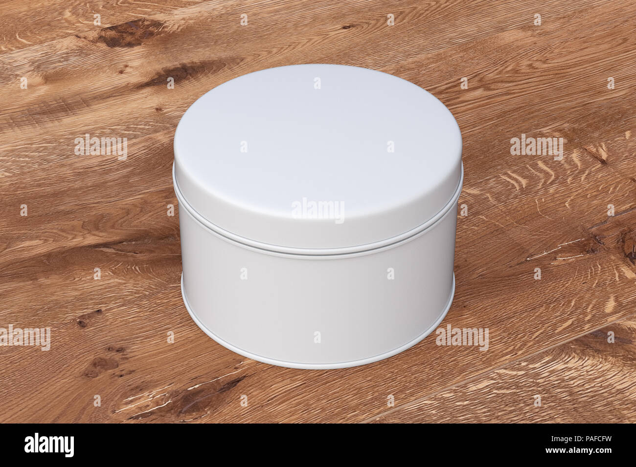 Blank closed white round tin container box on wooden background ...