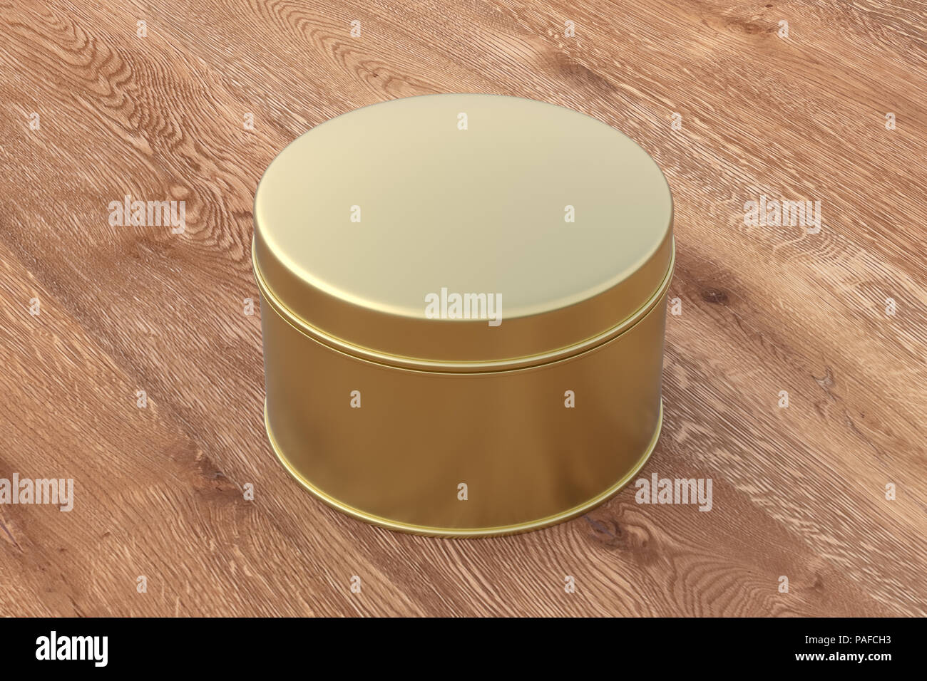 Blank closed gold round tin container box on wooden background. Package ...