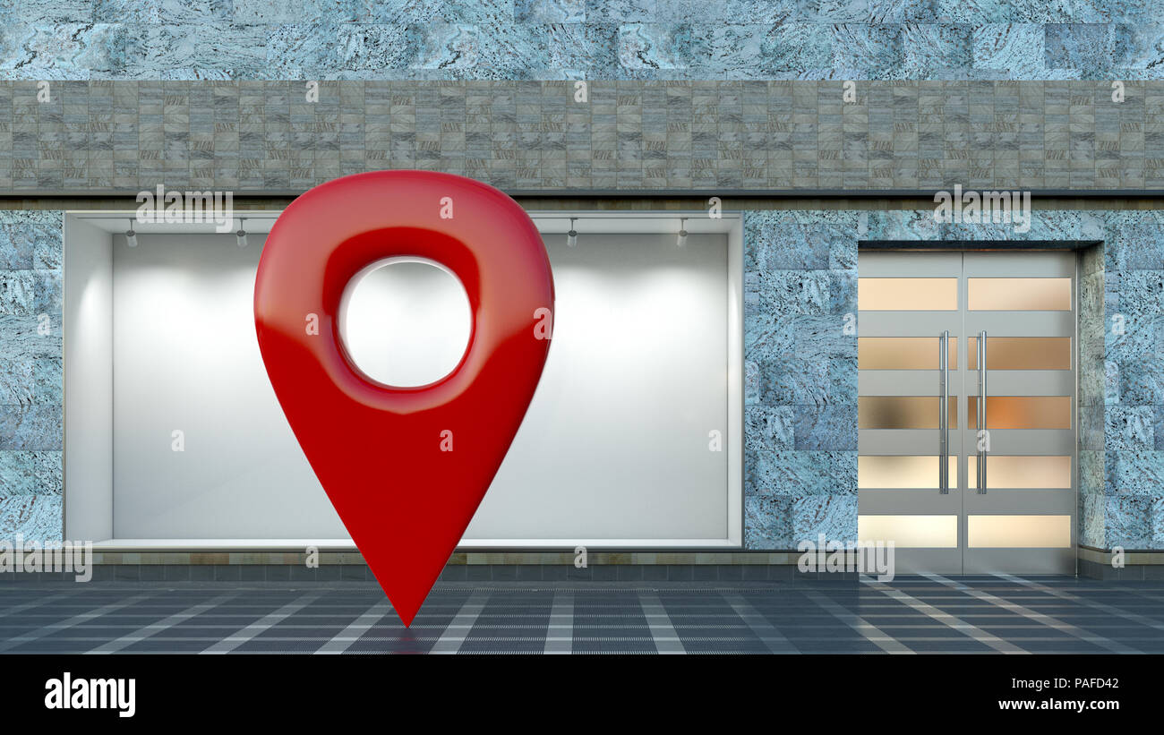 GPS pin location navigation geo tag in the front of empty shop window ...