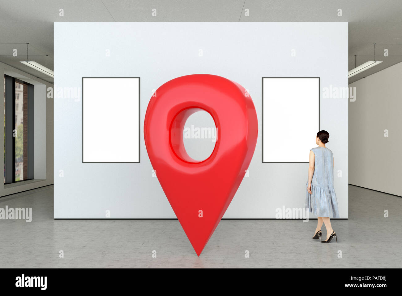 GPS pin location navigation geo tag near woman in modern gallery space ...