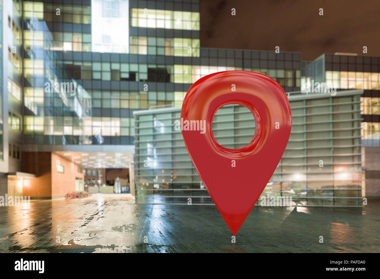 GPS pin location navigation geo tag near office building at night. 3d ...