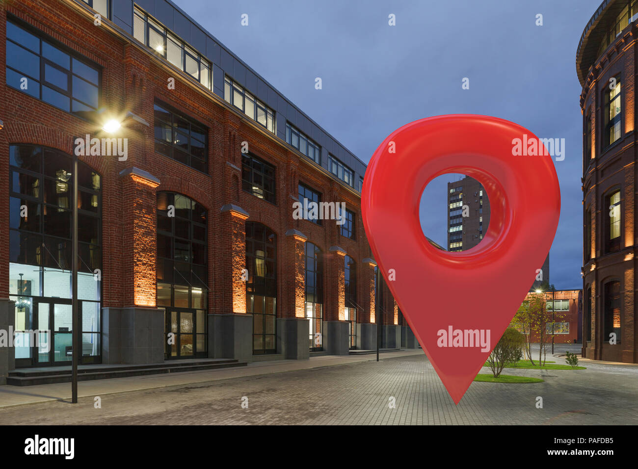GPS pin location navigation geo tag near office building at night. 3d ...
