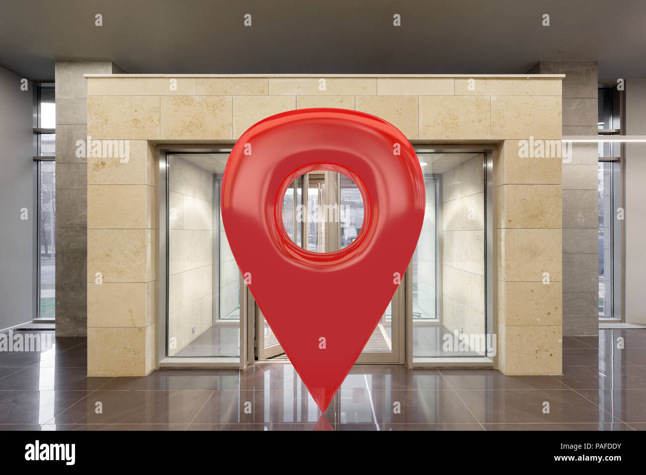 GPS pin location navigation geo tag in entrance of modern business ...