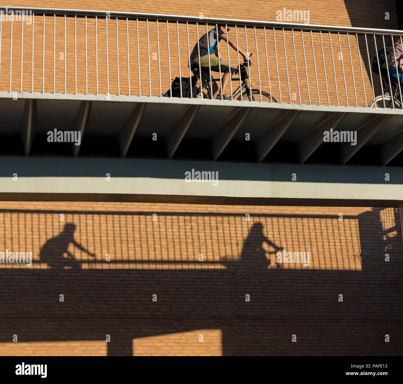 Man cycling on overpass seen through railings, with shadows of him and ...