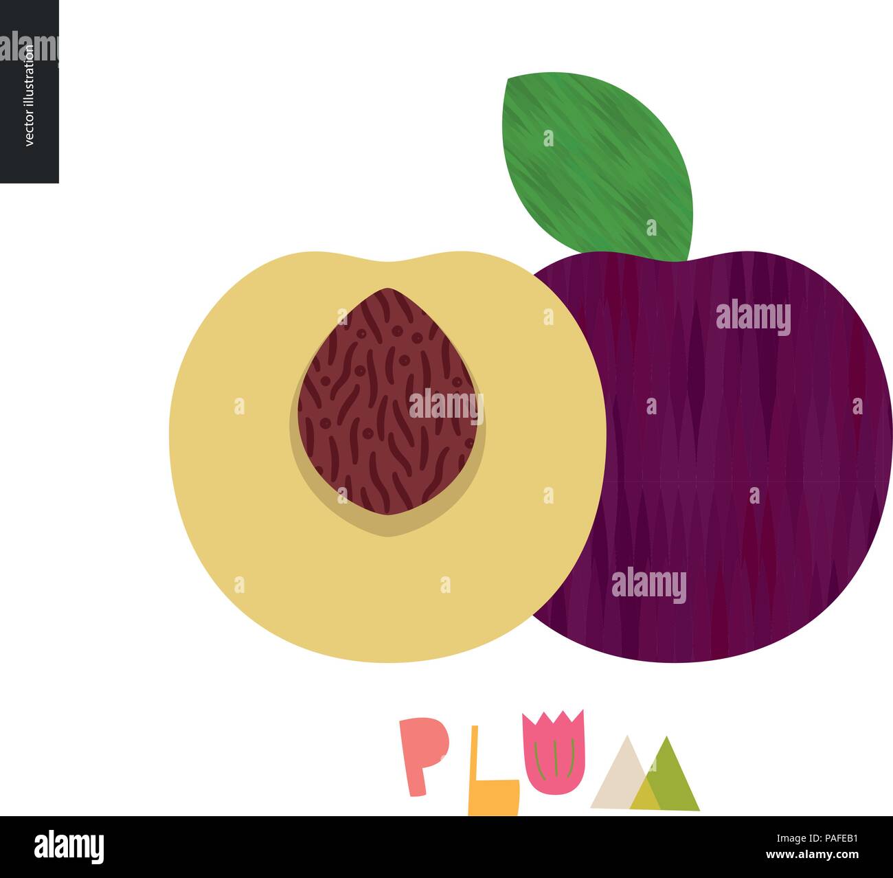 Food patterns - fruit, vector flat illustration of plum - simple half ...