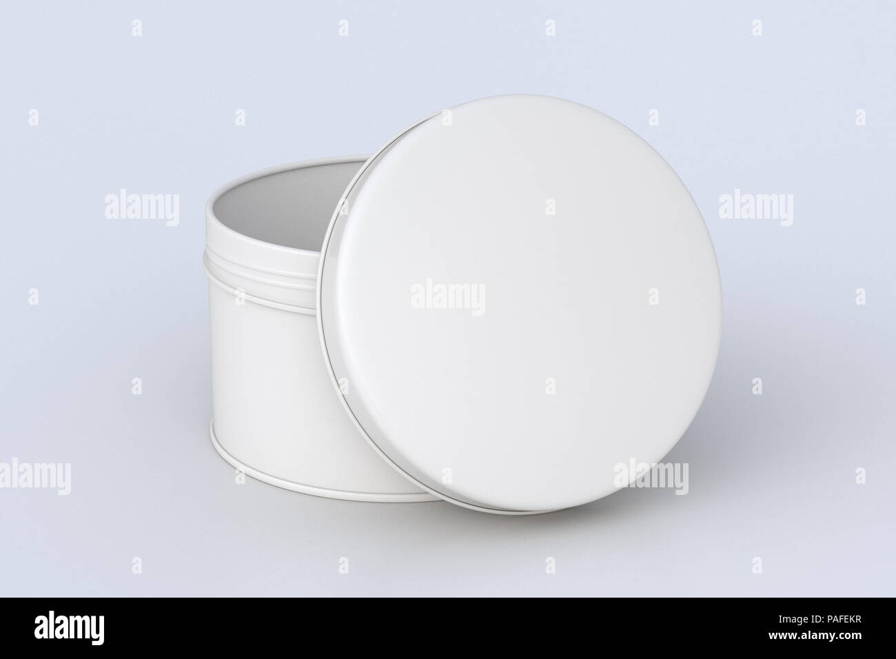 Blank white round tin container box with opened lid on white background ...