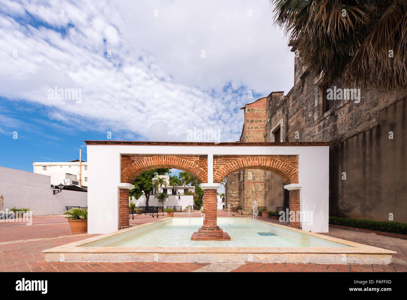 View of the arch and fountain, Santo Domingo, Dominican Republic. Copy ...