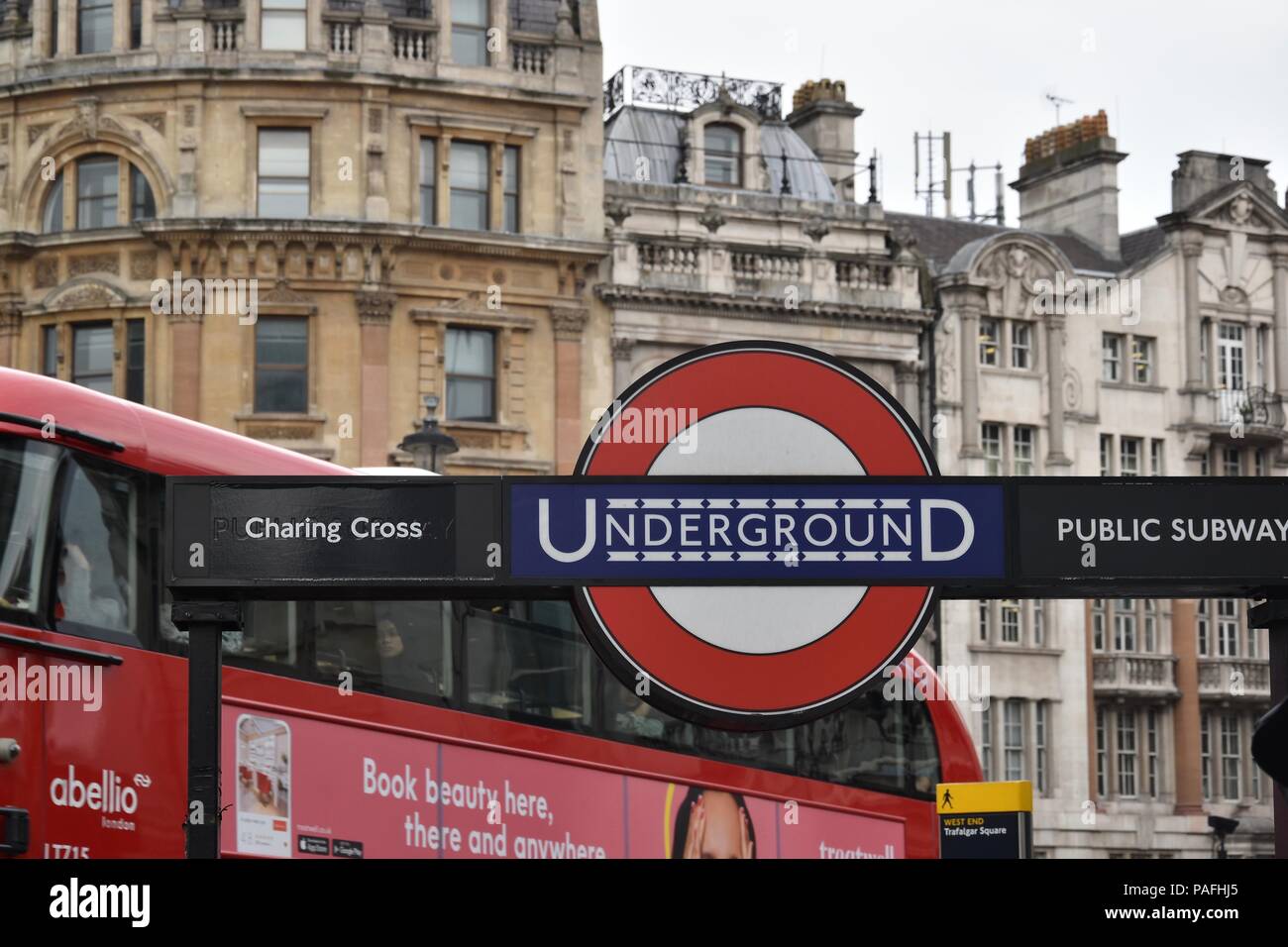 An iconic London Underground roundel station sign, London, United ...