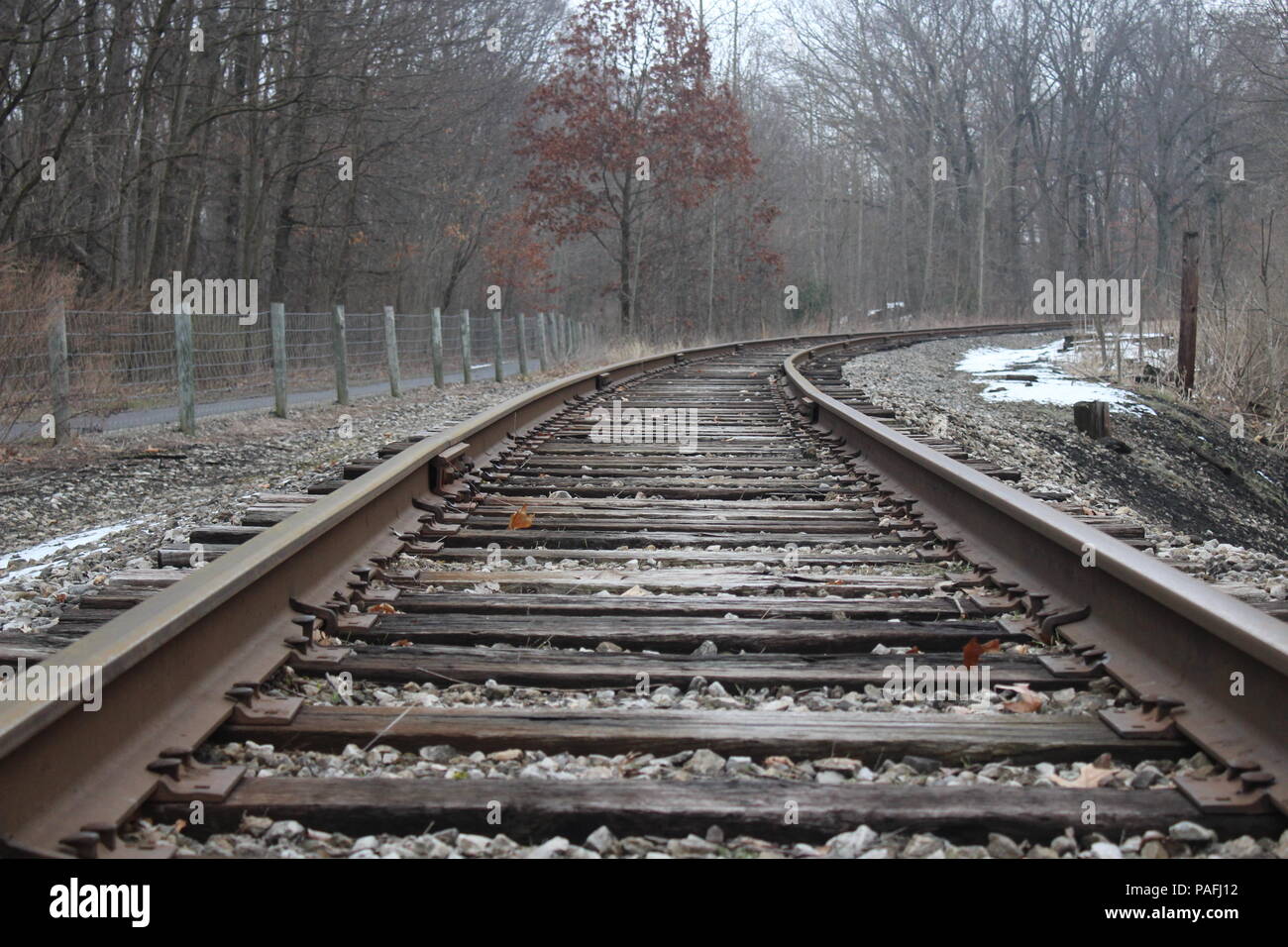 train tracks bend around the woods Stock Photo - Alamy