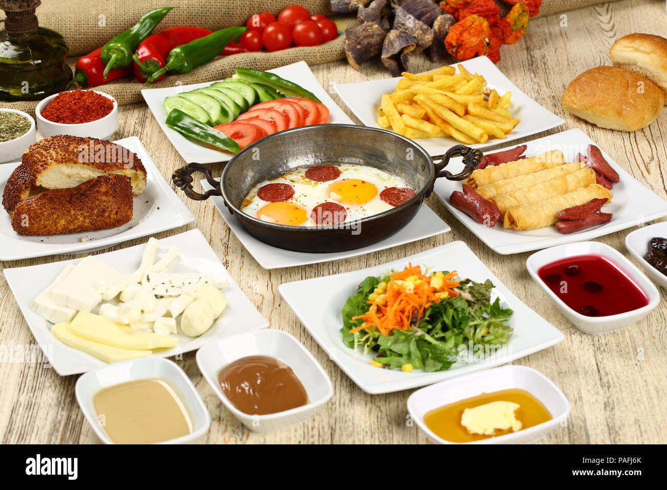 Turkish breakfast with sucuk and fried eggs Stock Photo - Alamy