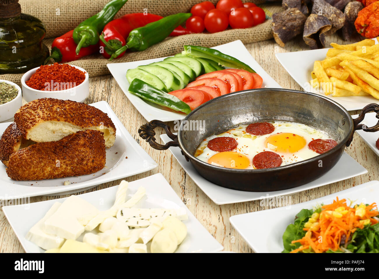 Turkish breakfast with sucuk and fried eggs Stock Photo - Alamy