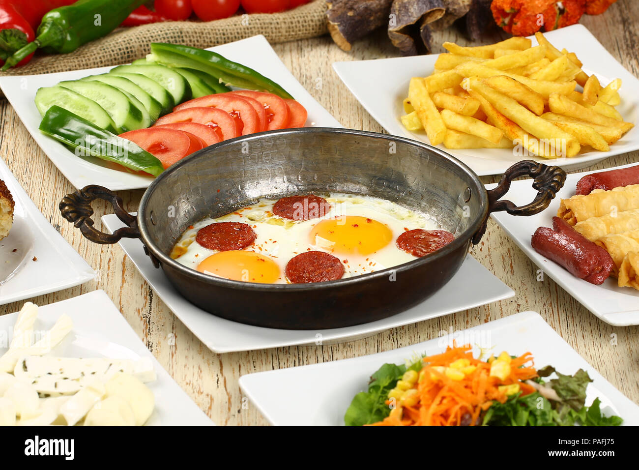 Turkish breakfast with sucuk and fried eggs Stock Photo - Alamy