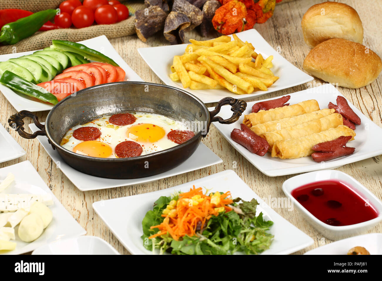 Turkish breakfast with sucuk and fried eggs Stock Photo - Alamy