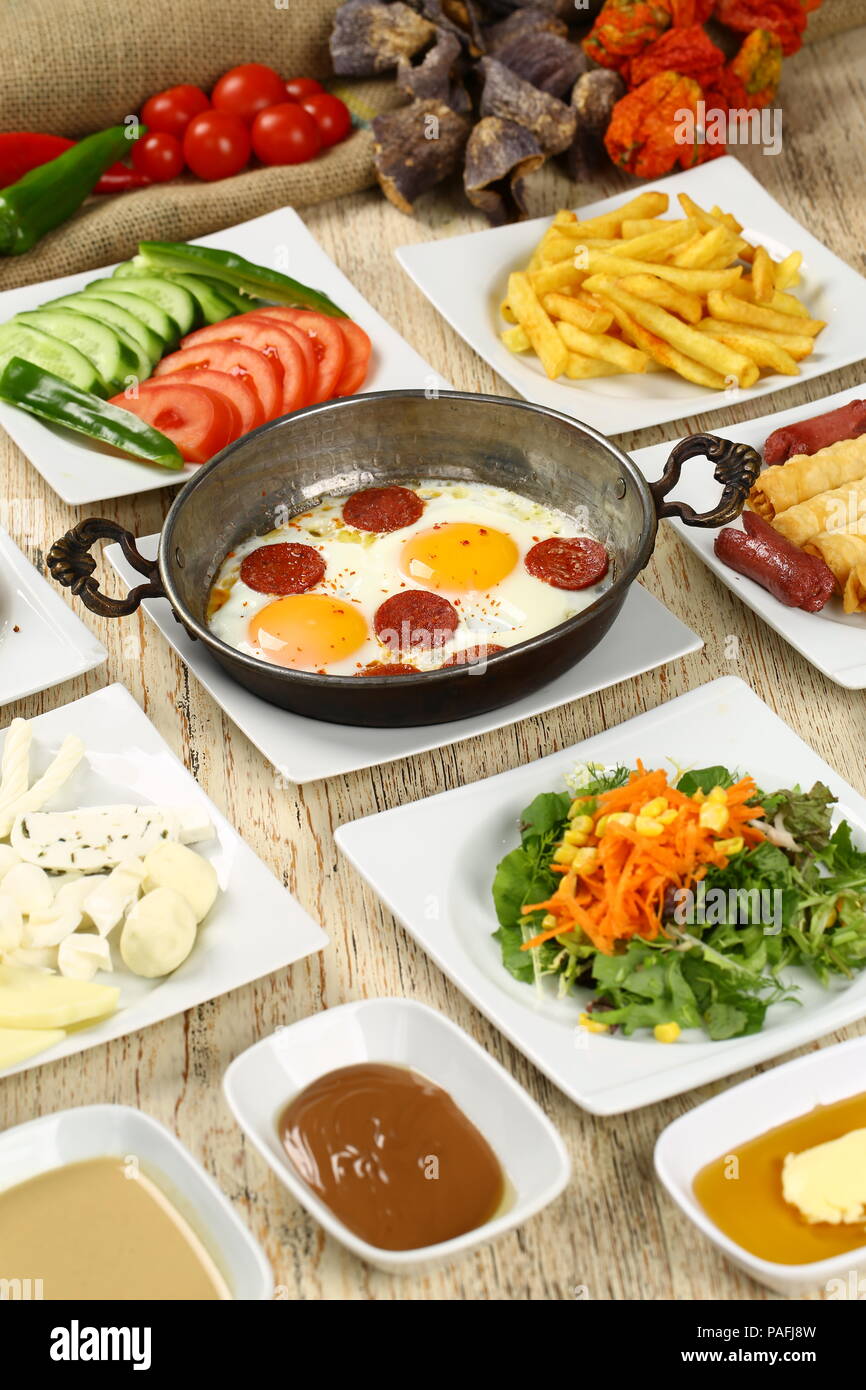 Turkish breakfast with sucuk and fried eggs Stock Photo - Alamy