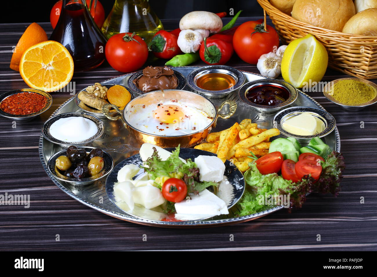 Turkish Breakfast with Fried Eggs Stock Photo - Alamy