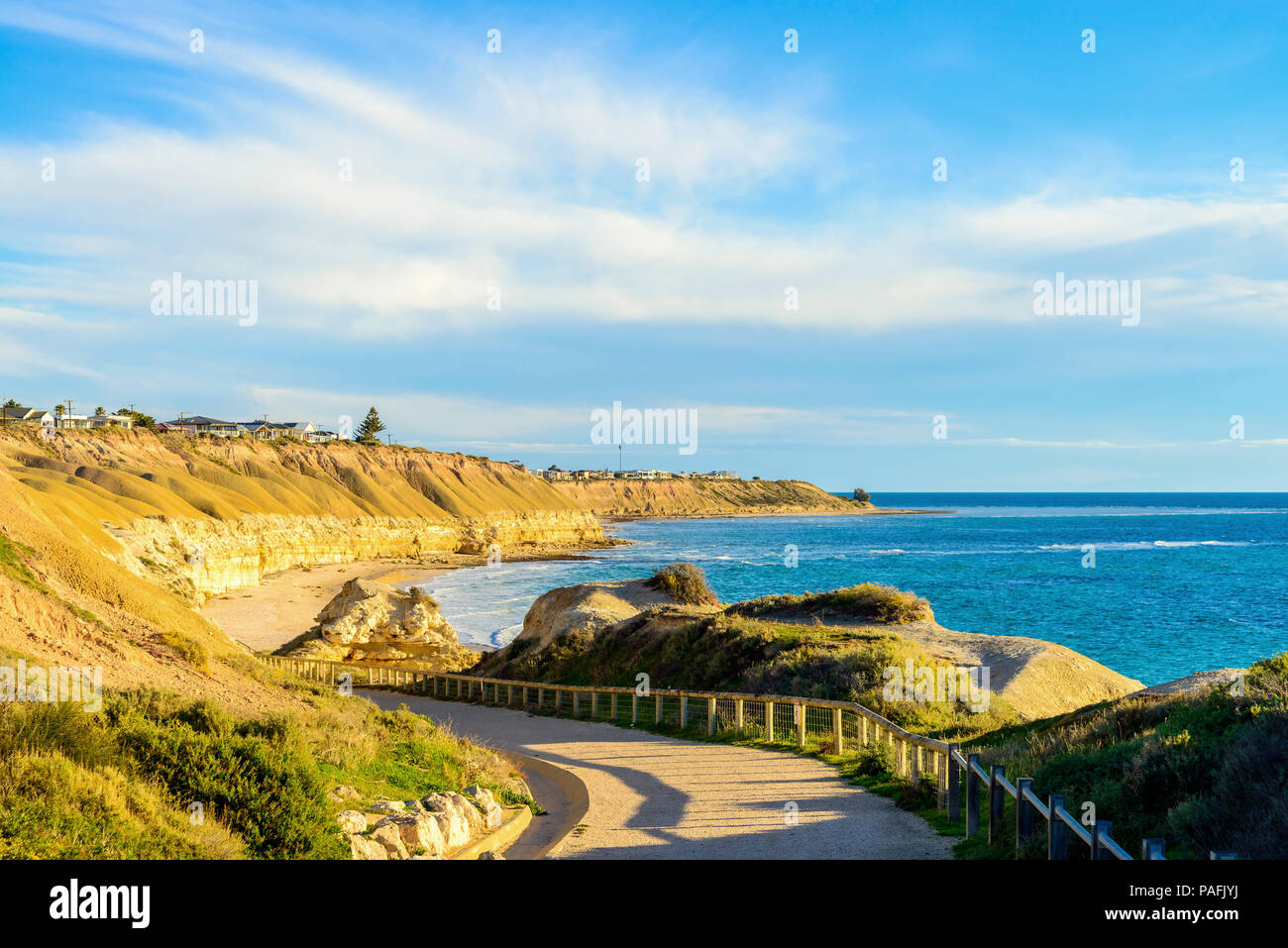Pathway leading to Port Willunga beach at sunset, South Australia Stock ...