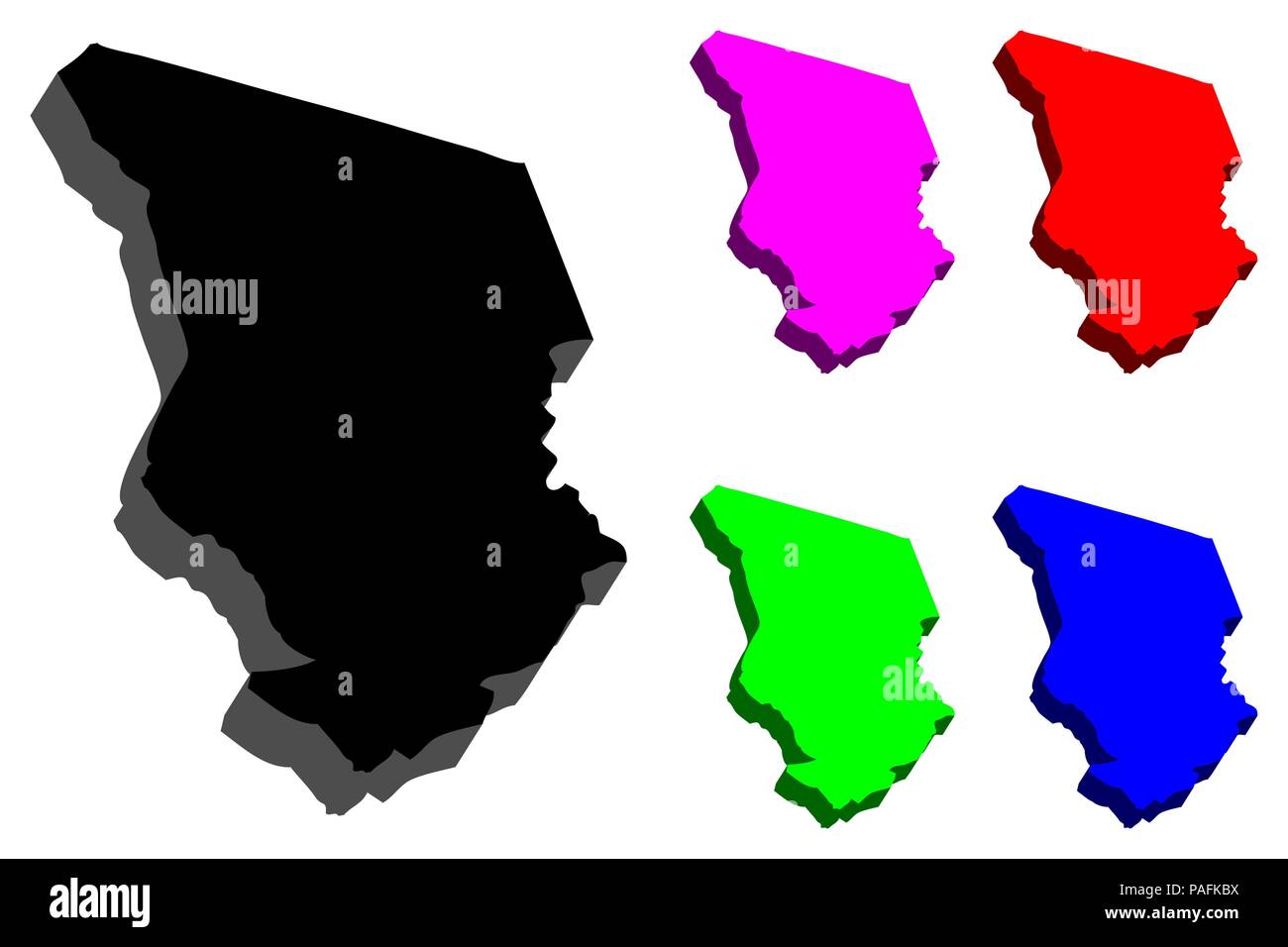 3D map of Chad (Republic of Chad) - black, red, purple, blue and green ...