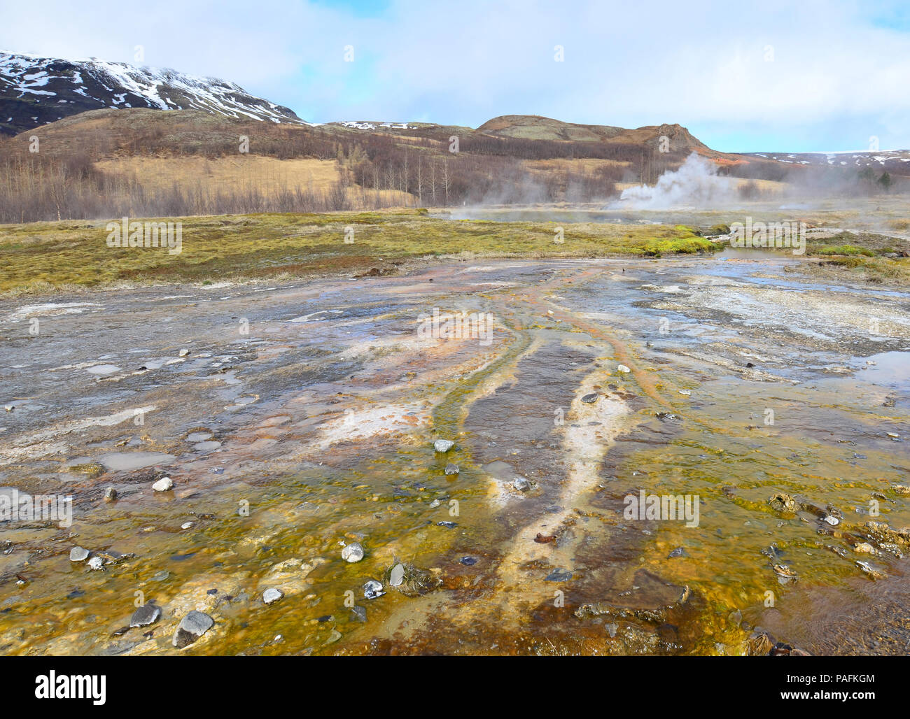 In Iceland a nature landscape w=view with steaming geysers Stock Photo ...