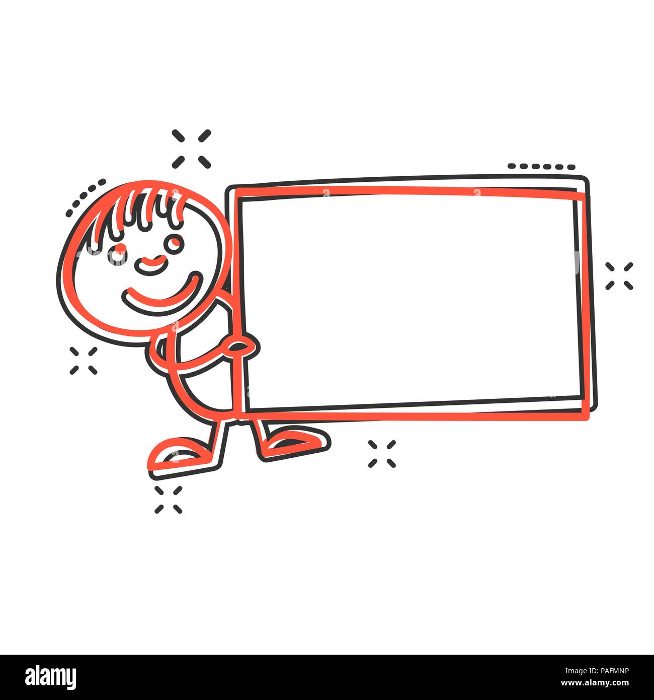Vector cartoon kid with placard icon in comic style. Doodle poster sign ...