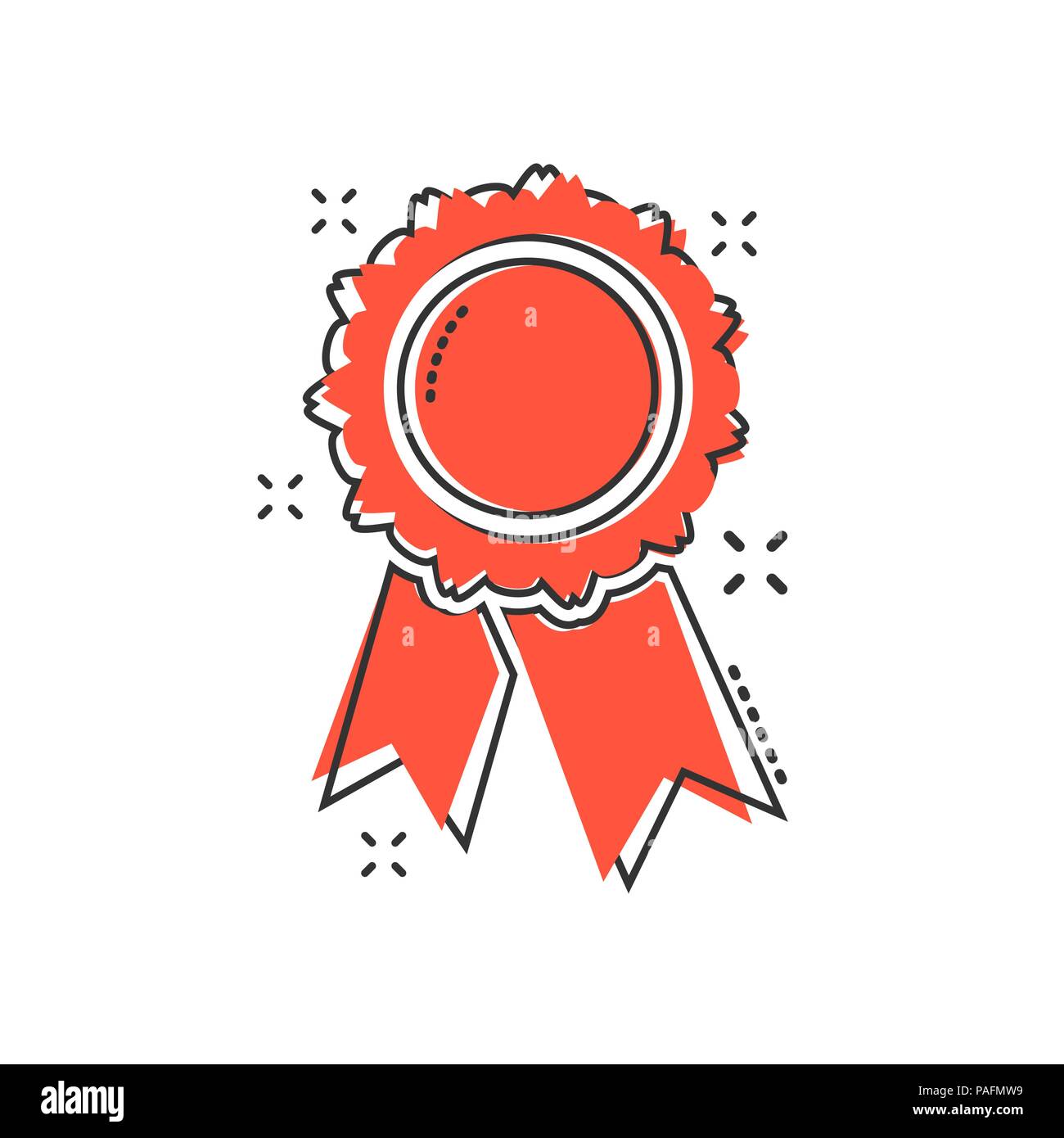 Vector cartoon badge with ribbon icon in comic style. Award medal sign ...