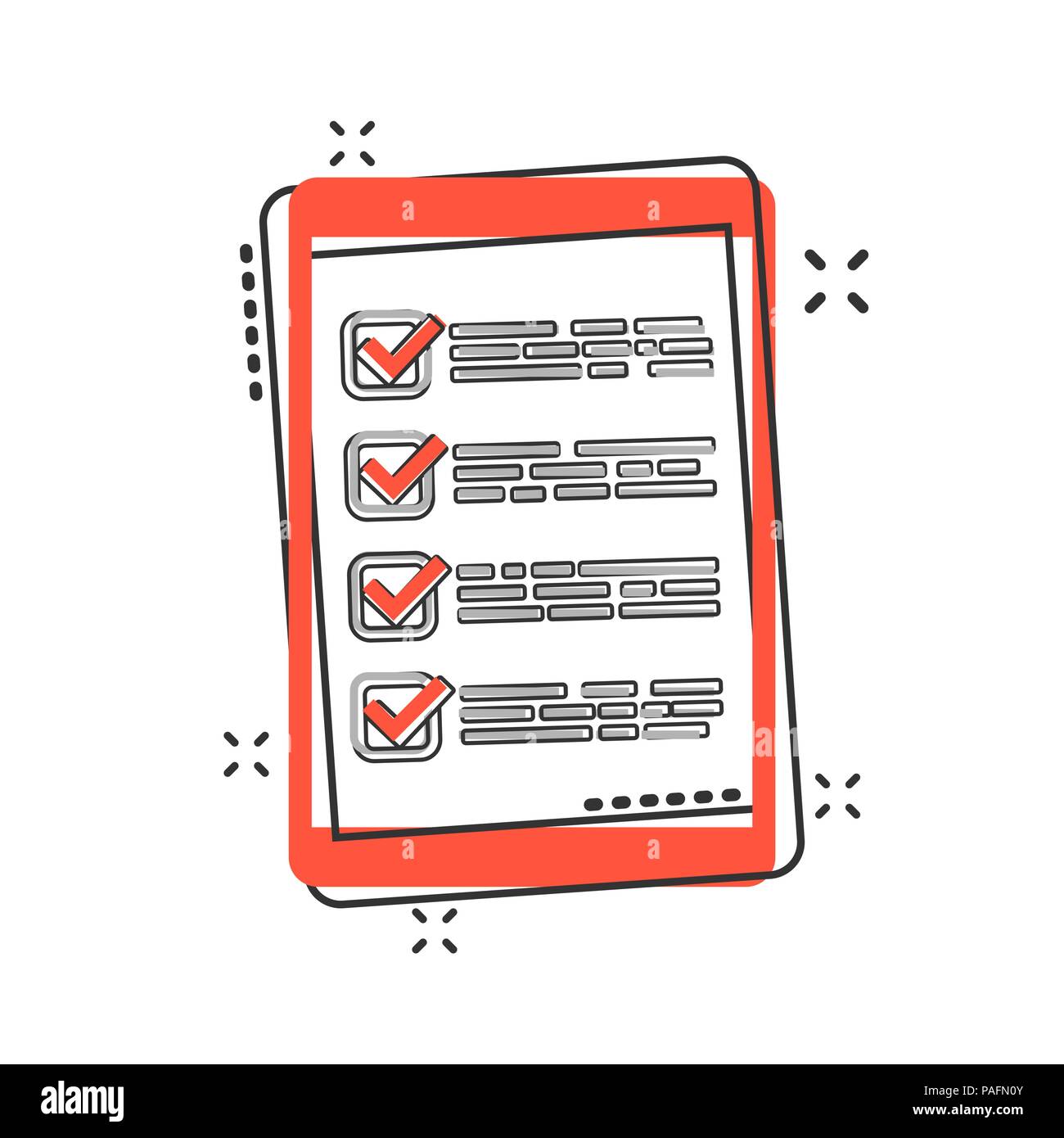 Vector cartoon checklist with tablet icon in comic style. Checklist ...