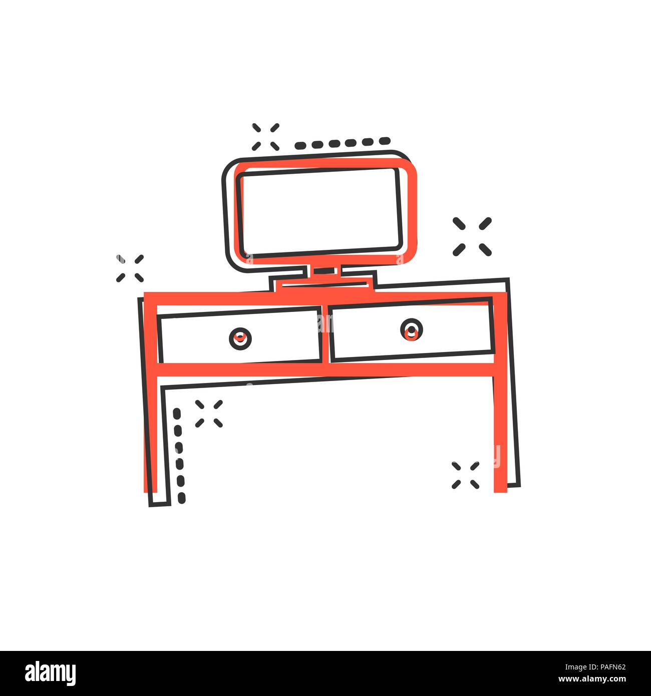 Vector cartoon furniture table with laptop computer icon in comic style ...