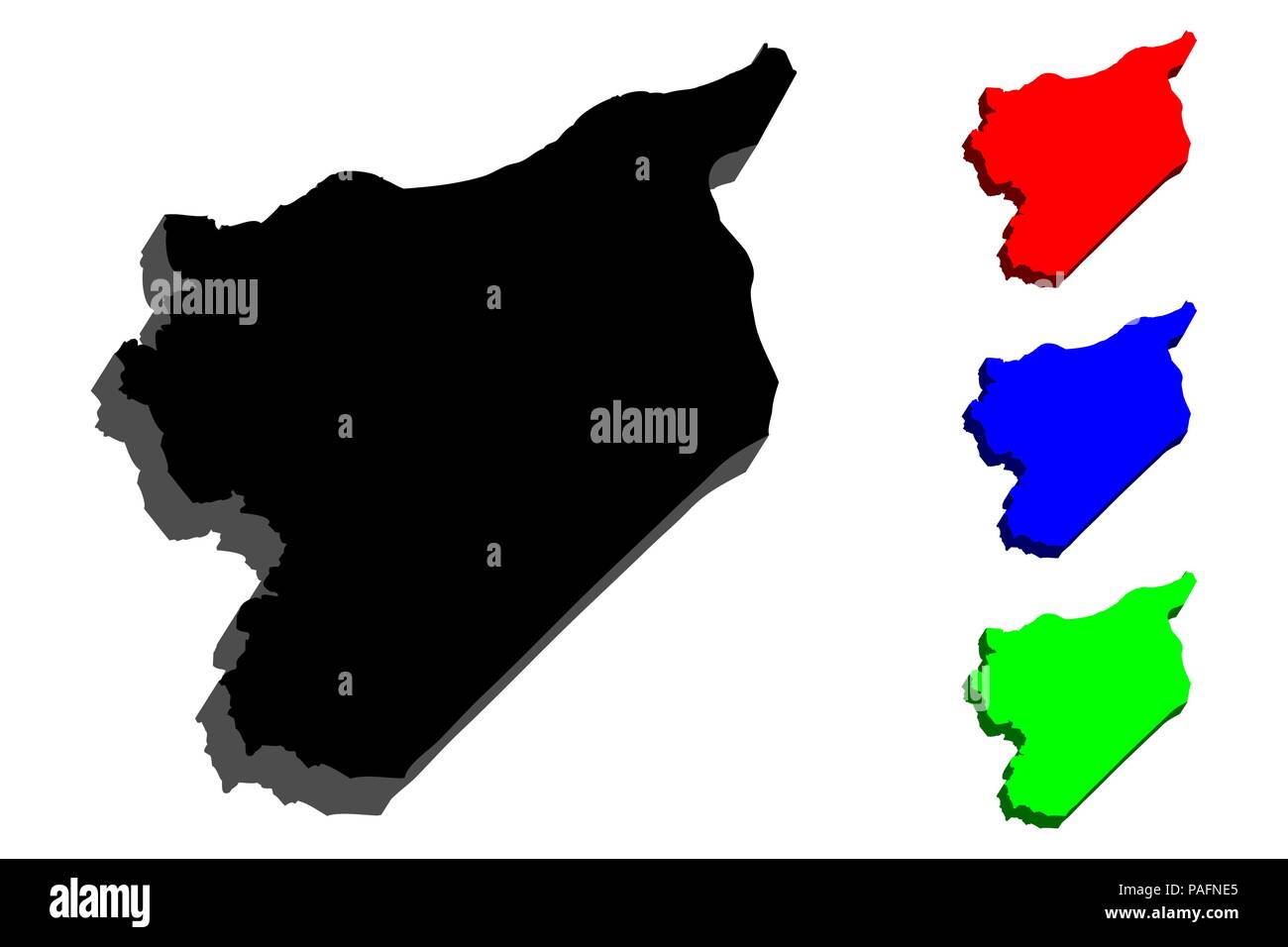 3D map of Syria (Syrian Arab Republic) - black, red, blue and green ...