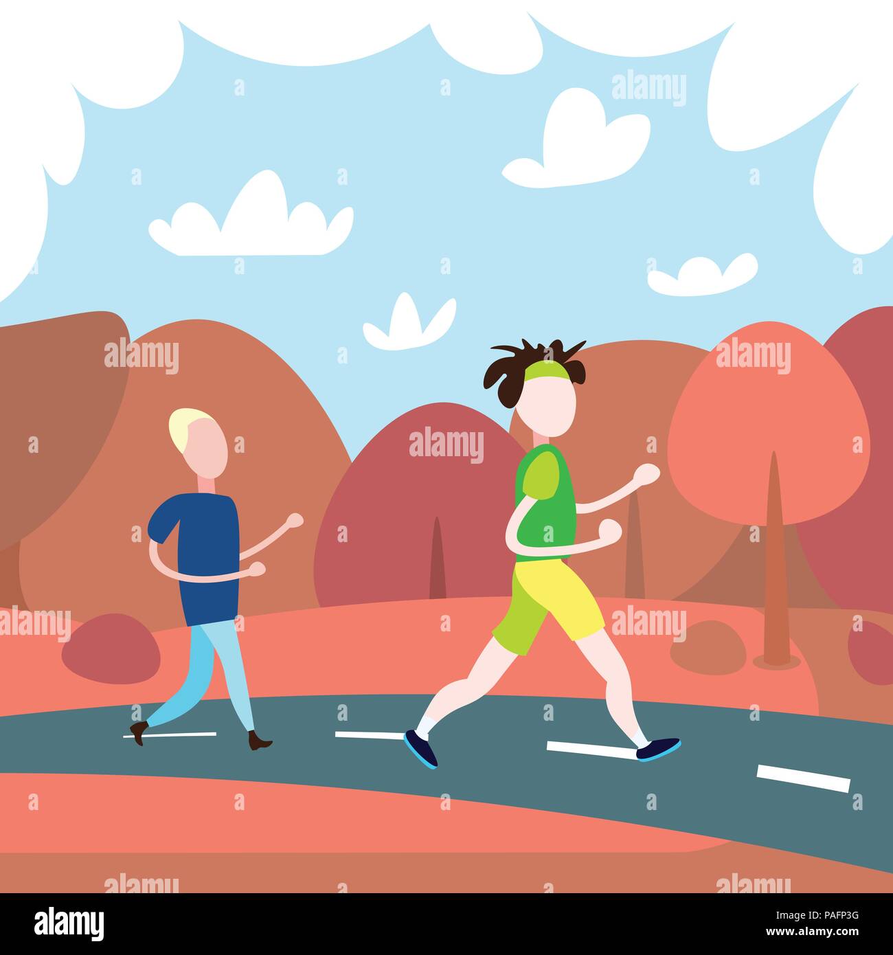 two men running cross autumn landscape background male sport activity ...