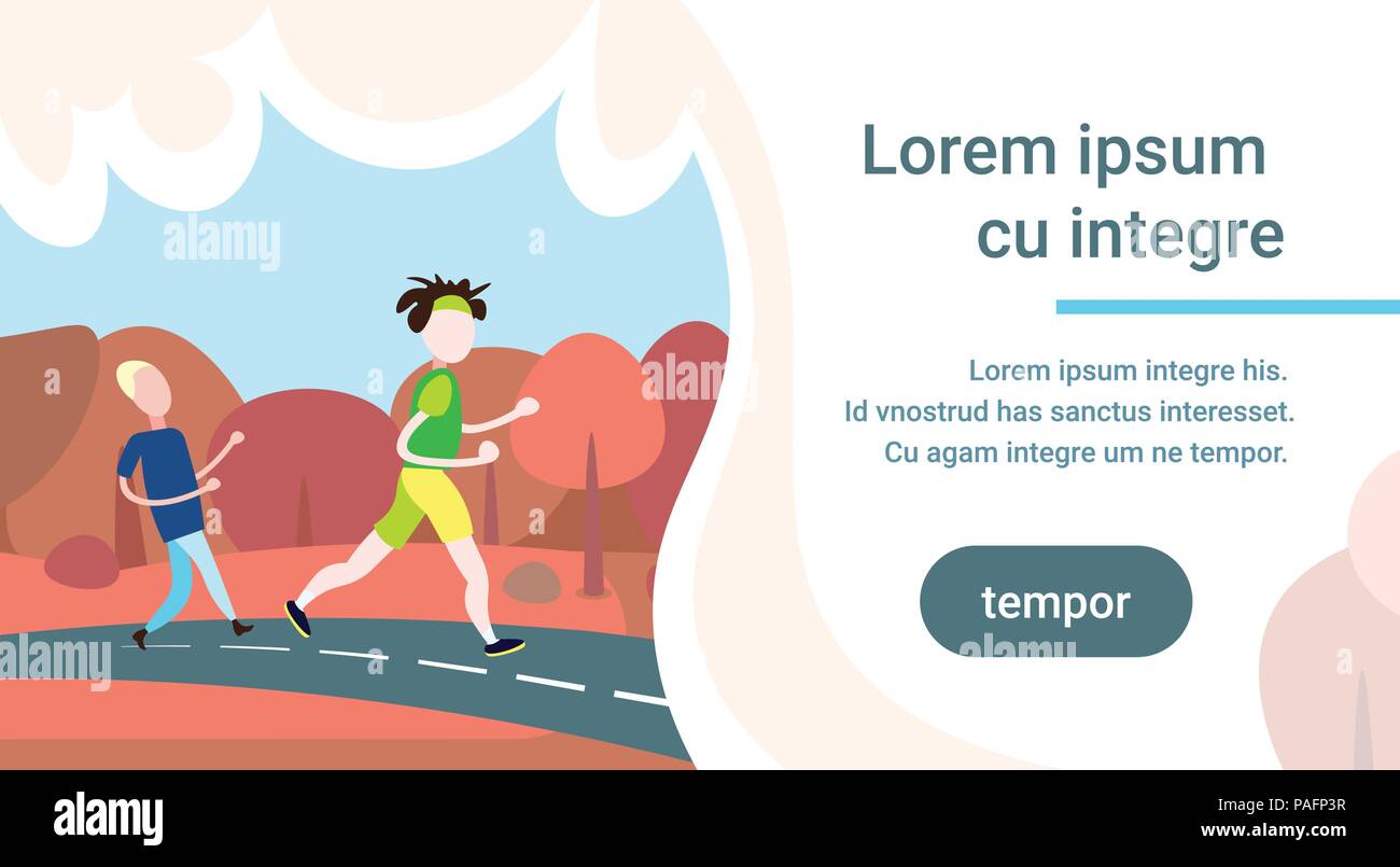 two men running cross autumn landscape background male sport activity ...