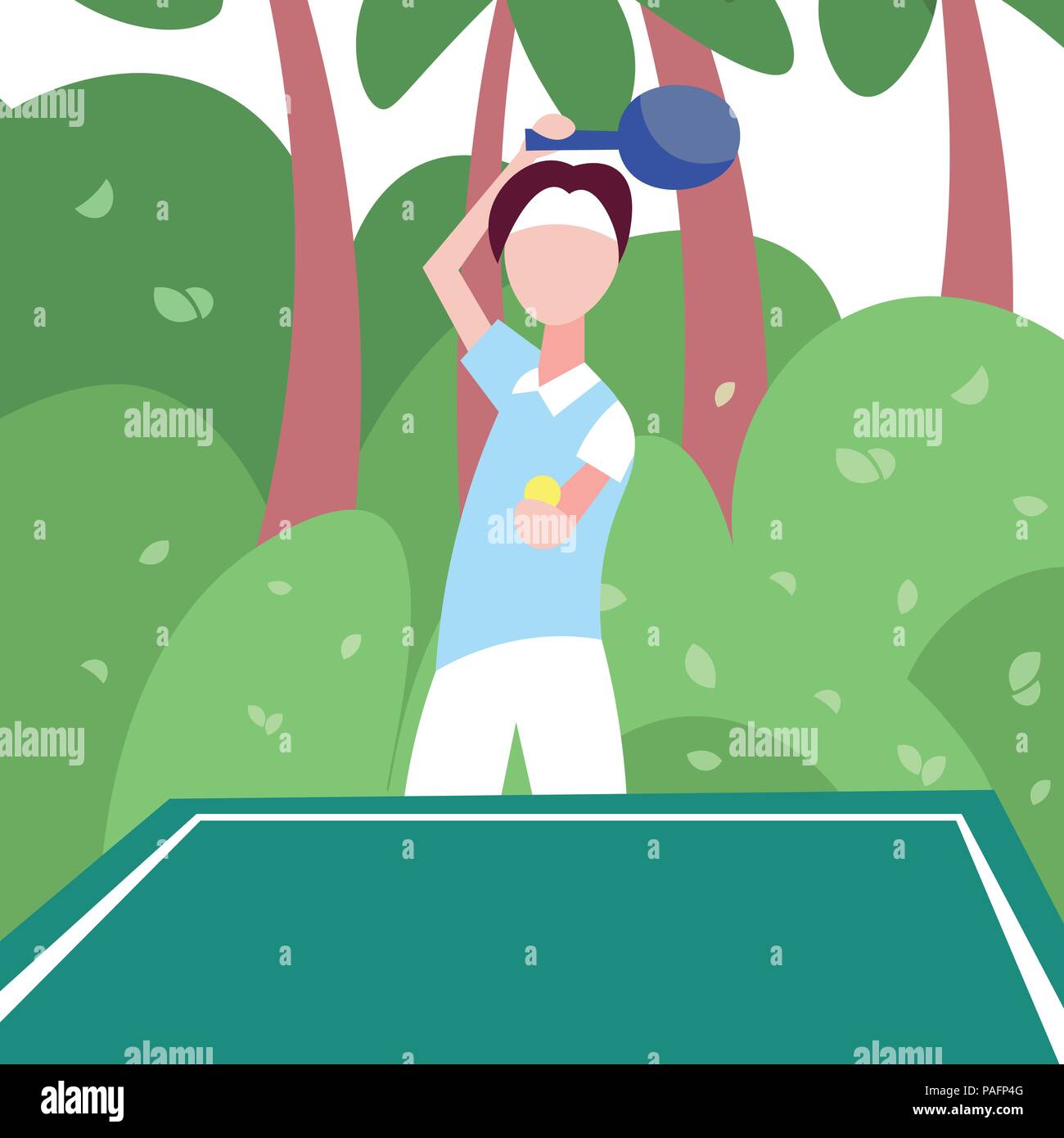 man ping pong player hold racket palm landscape background male sport ...