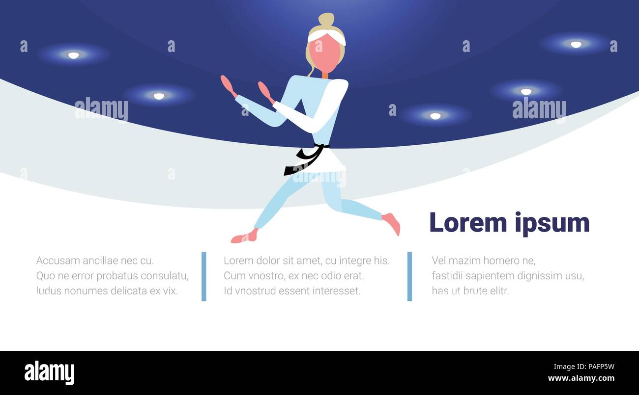 karate woman kimono exercises pose arena background female cartoon ...