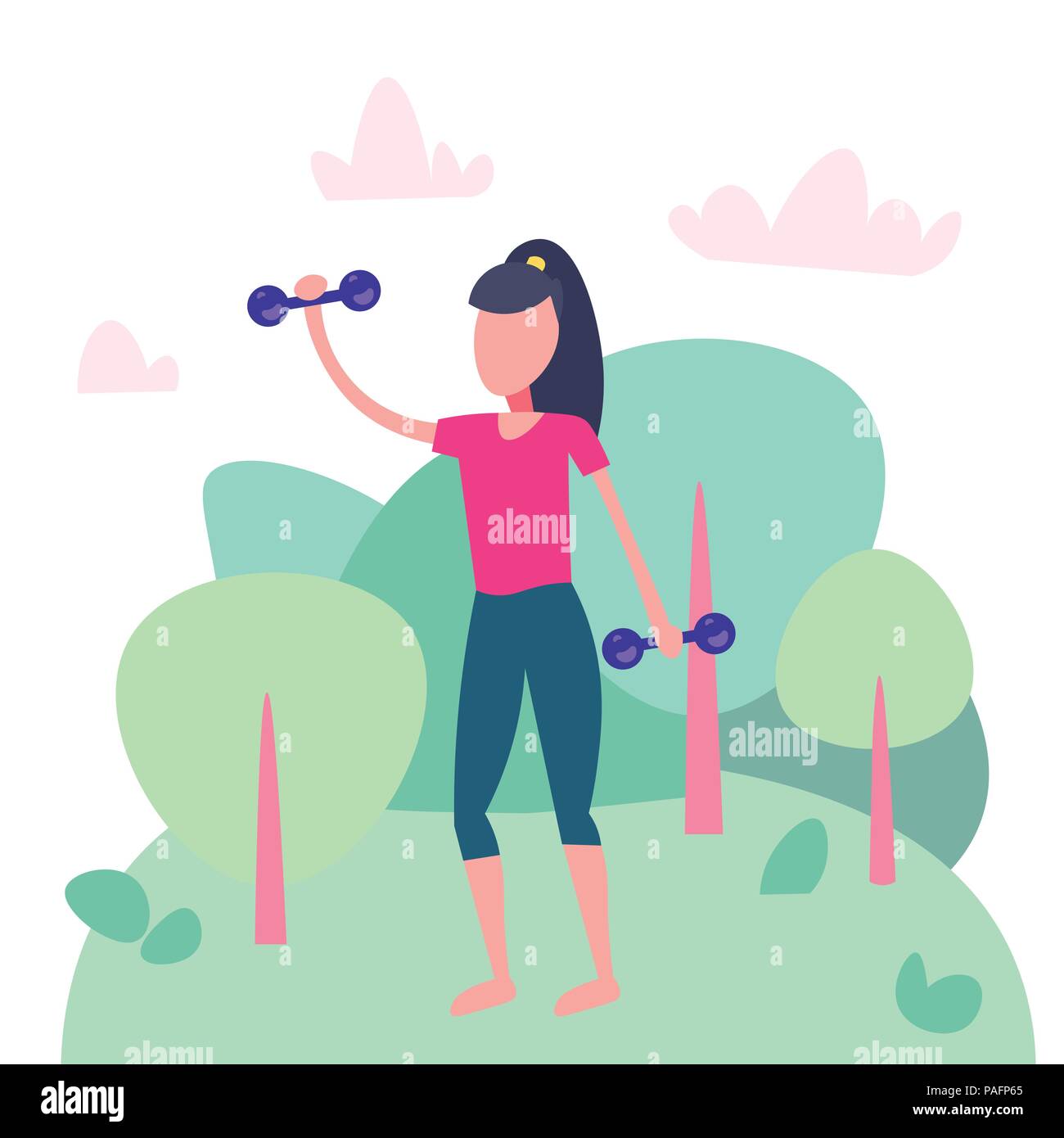 sportswoman doing physical jerks landscape background fitness aerobic ...