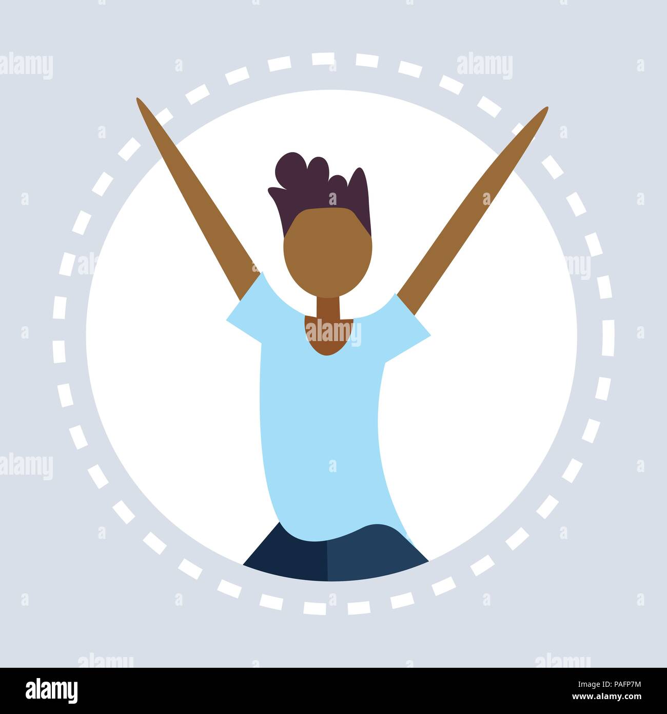 african american man raising hands up round frame gray background ...